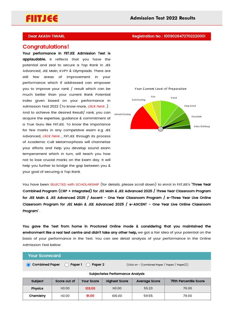 FIITJEE Admission Test - 20th March 2022 Result | PDF | Fee | Test ...
