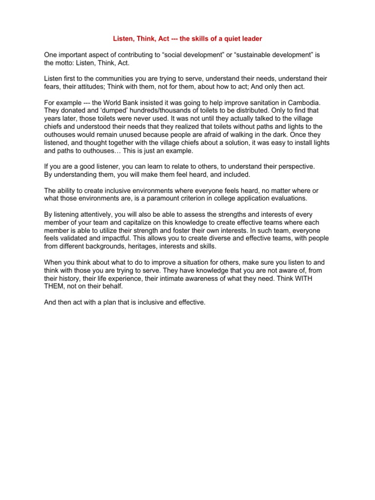 Listen, Think, Act - The Skills of A Quiet Leader | PDF