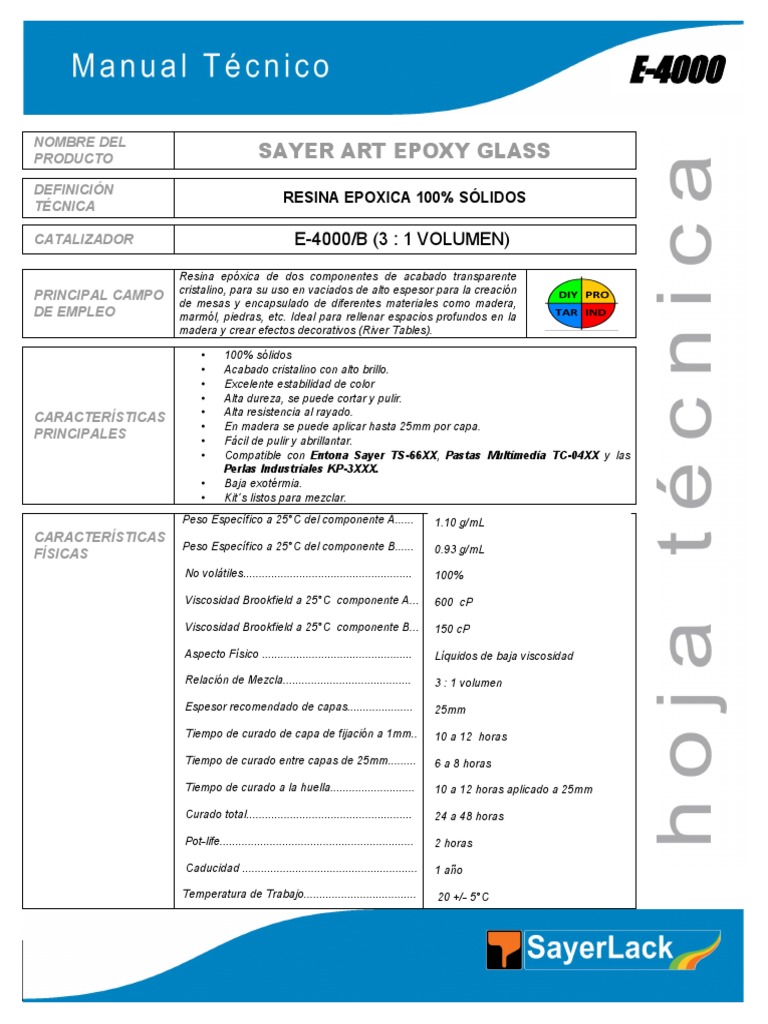 Ficha Tecnica Resina Epóxica Sayer E-4000 | PDF | Madera | Epoxy