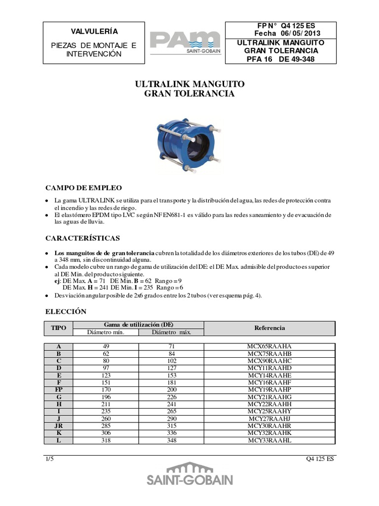 Manguitos ULTRALINK: Dimensiones PFA 16 | PDF | Materiales de ...