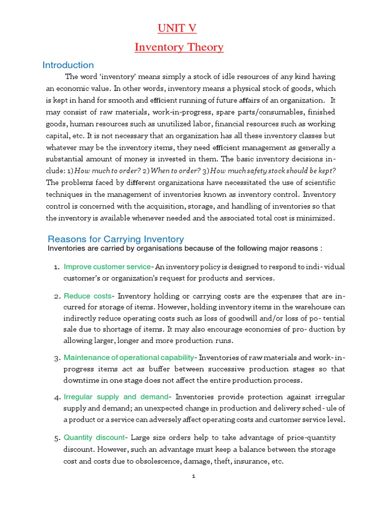 Unit V Inventory Theory: Improve Customer Service | PDF | Inventory | Economies