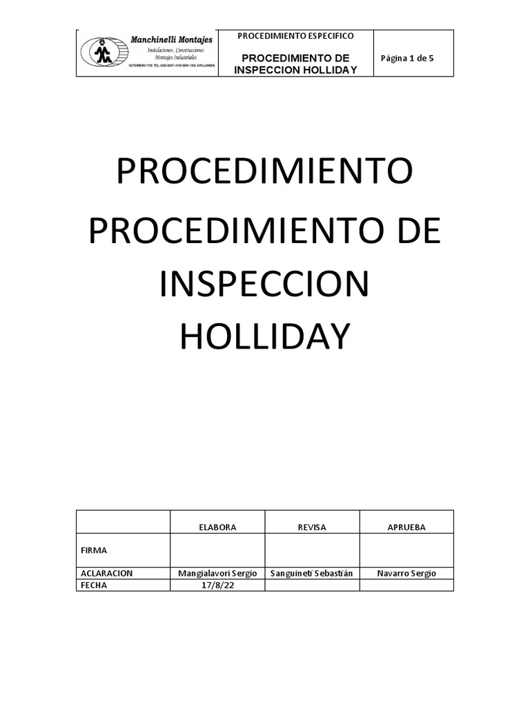 Procedimiento de Inspeccion Holliday | PDF | Revestimiento | voltaje