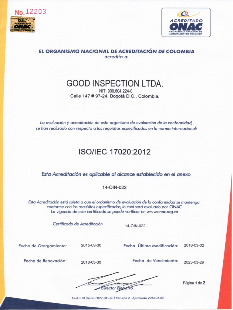 Certificados Onac 14-Oin- 022 No..12203 (1) | PDF
