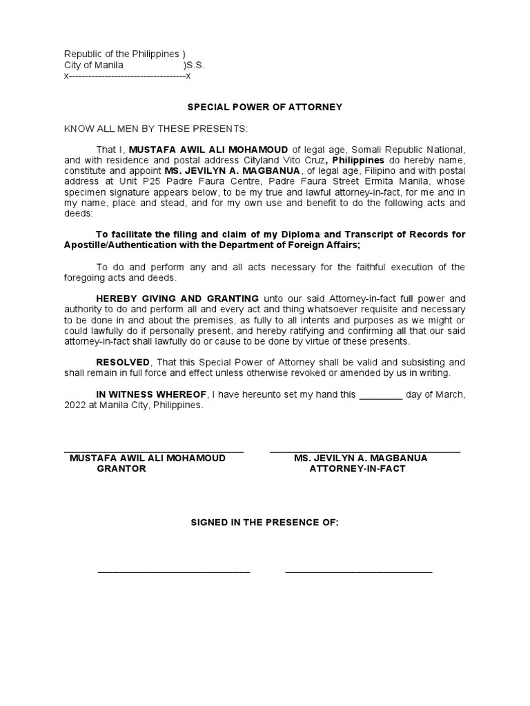 Special Power of Attorney For Foreign Affairs | PDF | Power Of Attorney ...