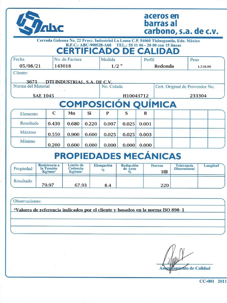 Certificado de Calidad Barra Sae 1045 | PDF