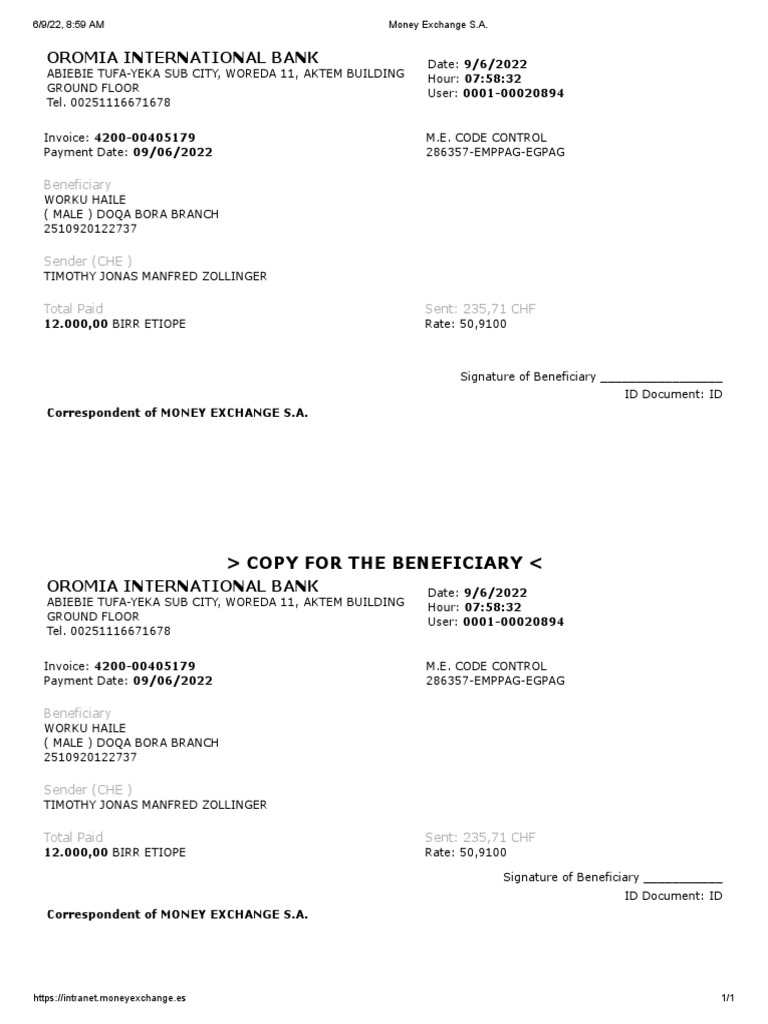 Money Transfer Receipt - 09/06/2022 | PDF