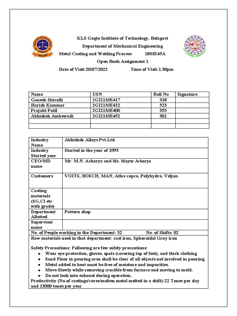 Open Book Assignment 1 MCJP | PDF | Casting (Metalworking) | Industrial ...