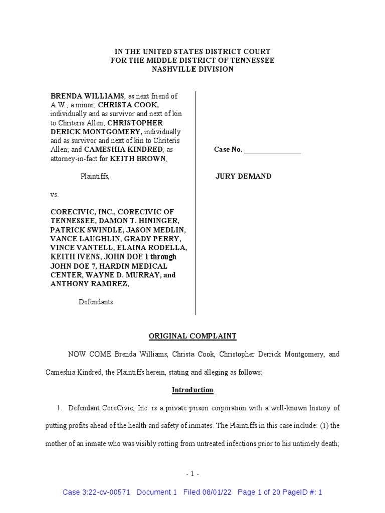 Williams Et Al v. CoreCivic, Inc. Et Al | PDF | Core Civic | Solitary ...