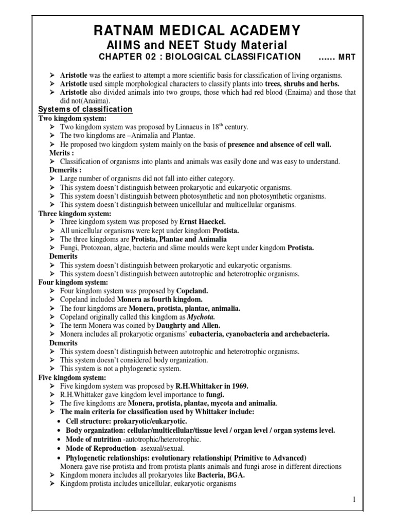 NEET & AIIMS: Biological Classification | PDF | Bacteria | Cell (Biology)