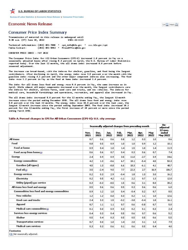 USA CPI inflation latest release | PDF | United States Consumer Price ...