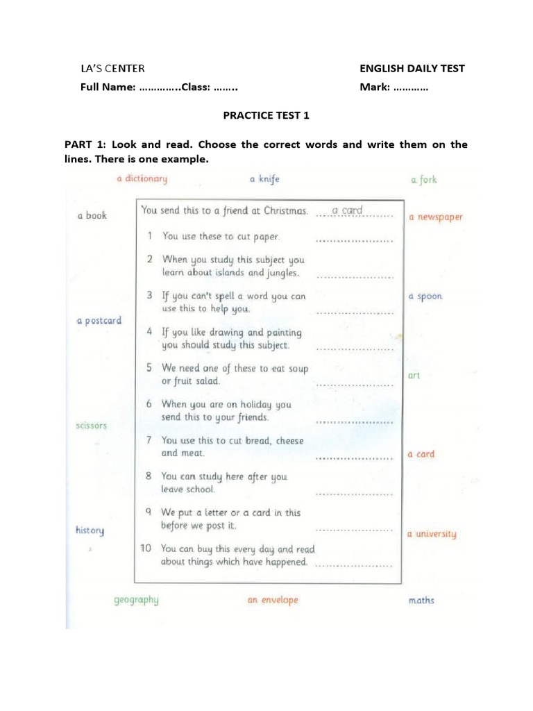Flyers 1 - TEST 1 - Reading - Part 1,2,3,4 | PDF