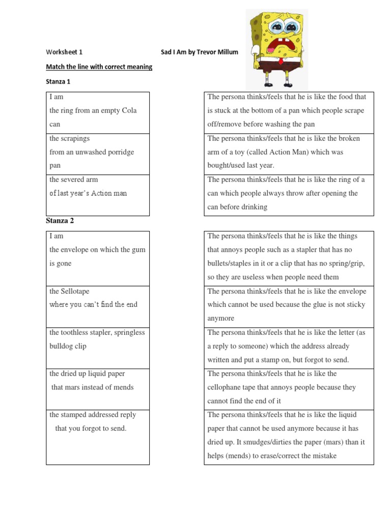 Worksheet 1 Sad I Am by Trevor Millum | PDF