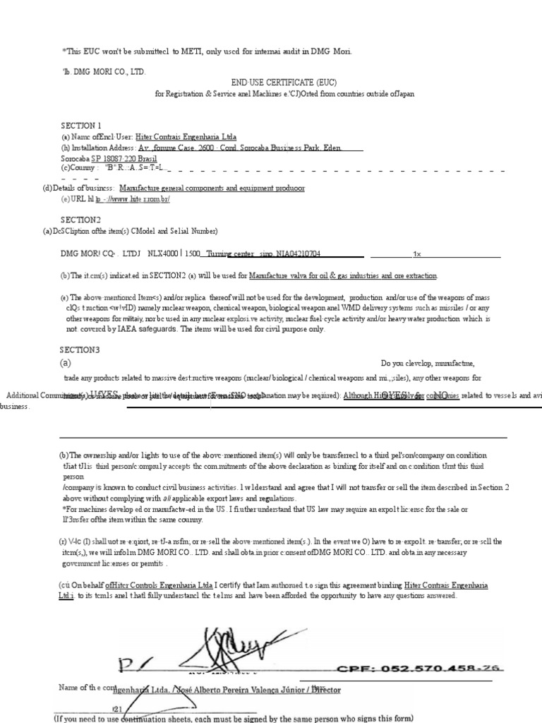 End Use Certificate (Euc) : (A) 2600 18087 220 General | PDF