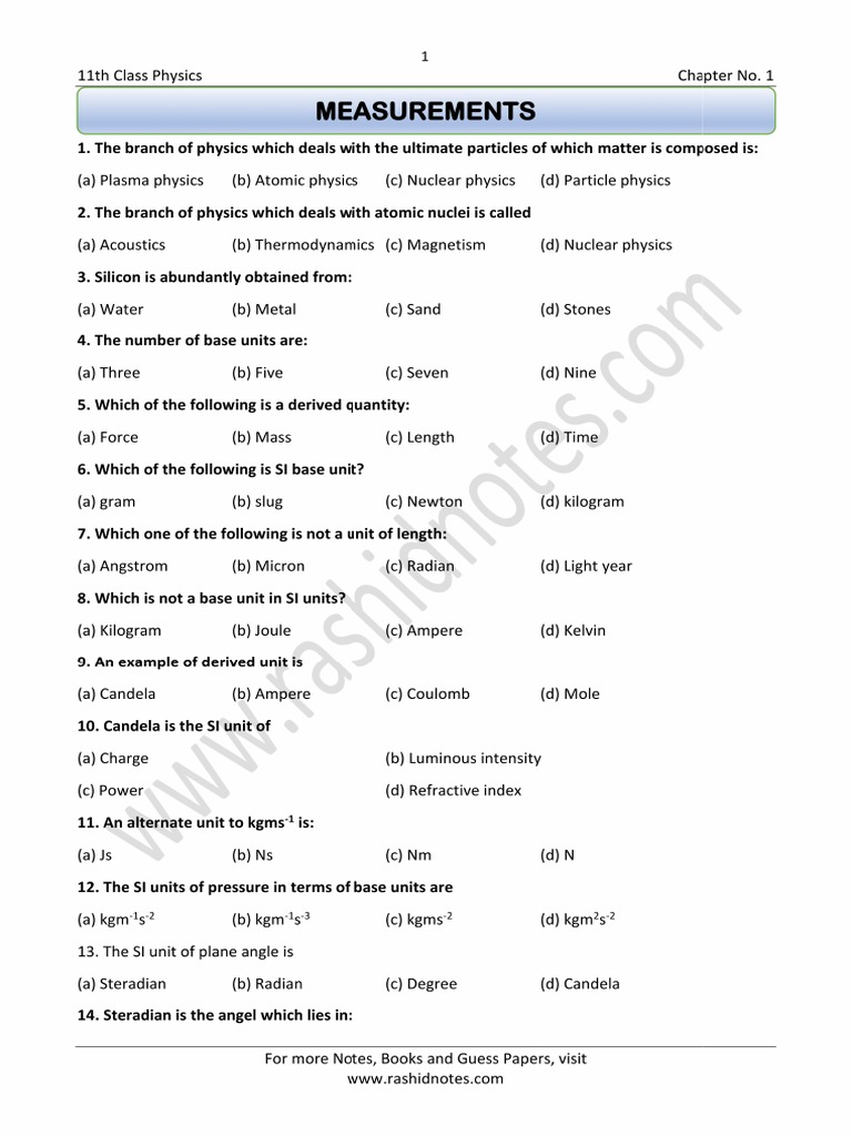 FSC Physics 1st Year Chapter No. 1 Measurements (MCQS) | PDF