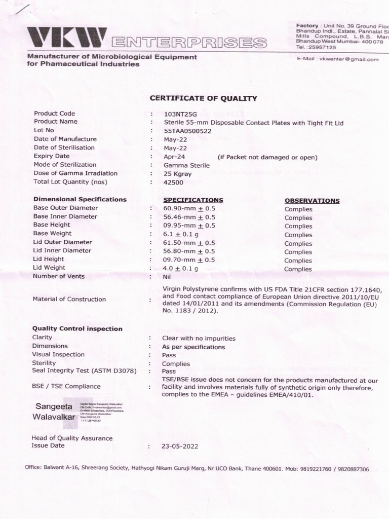 COA of 55mm Plates - VKW | PDF