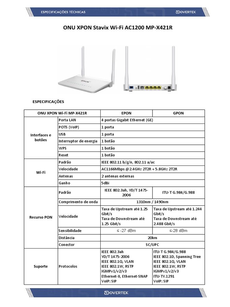 Datasheet - Onu Xpon Stavix Wi-Fi Ac1200 mp-x421r | PDF | Wi-Fi ...