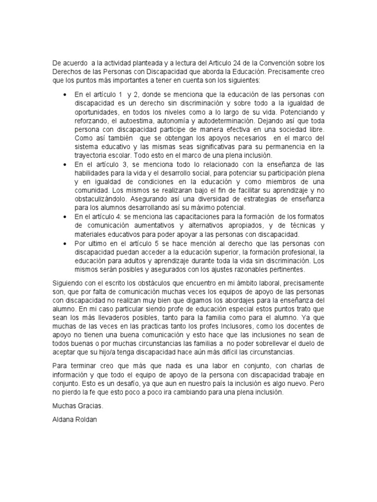 Actividad de Cierre Art. 24 - Educación CDPD - Aldana Roldan | PDF | Invalidez | Inclusión ...