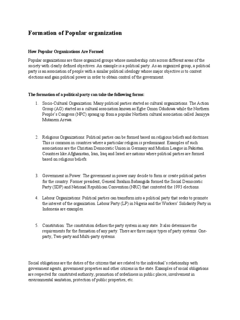 Formation of Popular Organization | PDF | Political Parties | Government