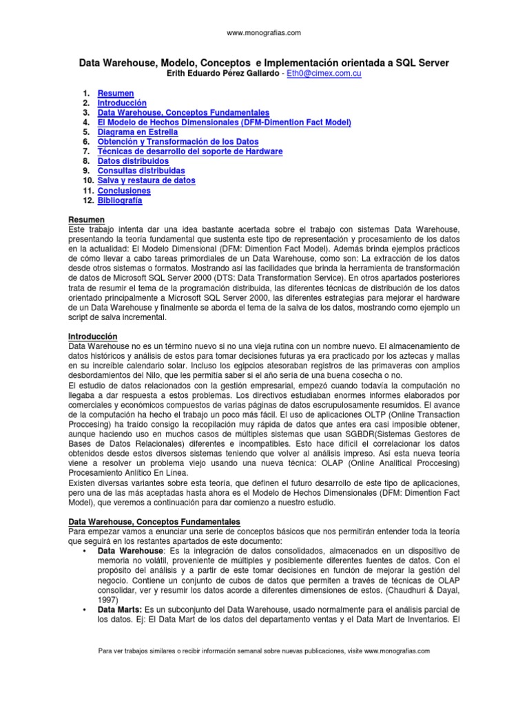 Data Warehouse SQL | Descargar gratis PDF | Servidor SQL de Microsoft | Almacén de datos