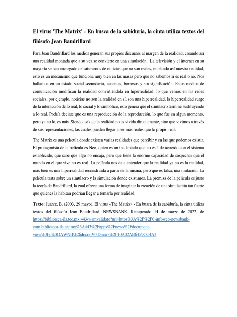 Jean Baudrillard - The Matrix | PDF