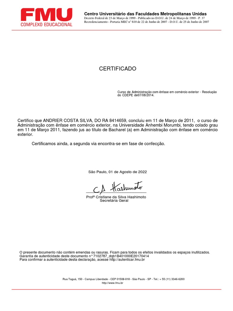 Certificado Fmu Andrier | PDF