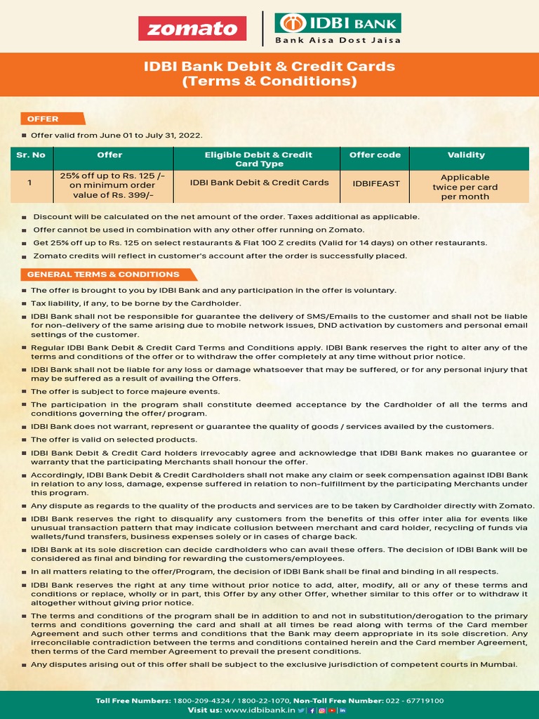 IDBI Bank Debit & Credit Cards (Terms & Conditions) : Offer | PDF ...