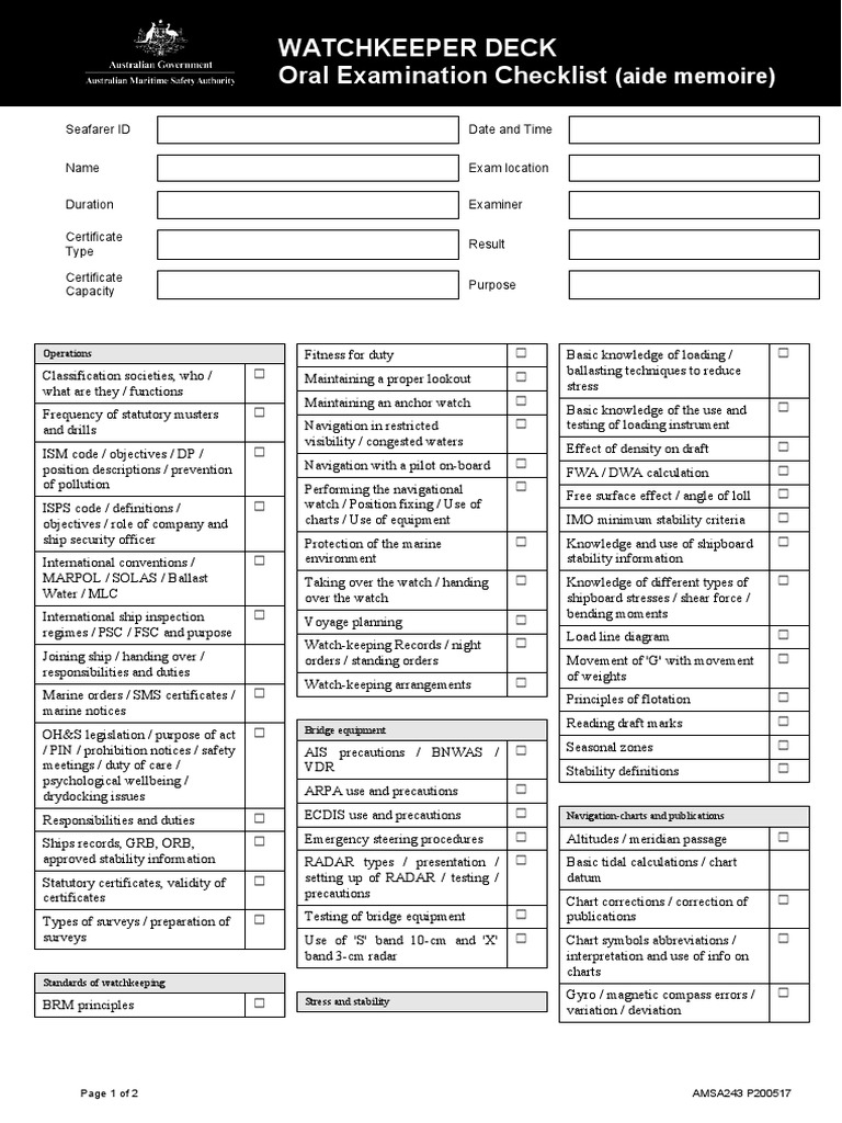 Watchkeeper Deck Oral Examination Checklist: (Aide Memoire) | PDF | Ships | Oil Tanker