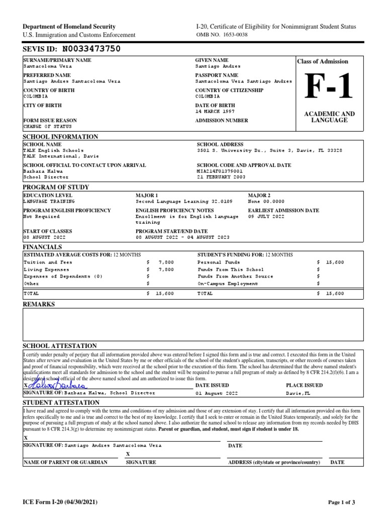 I-20, Certificate of Eligibility For Nonimmigrant Student Status - Santacoloma | PDF | Travel ...