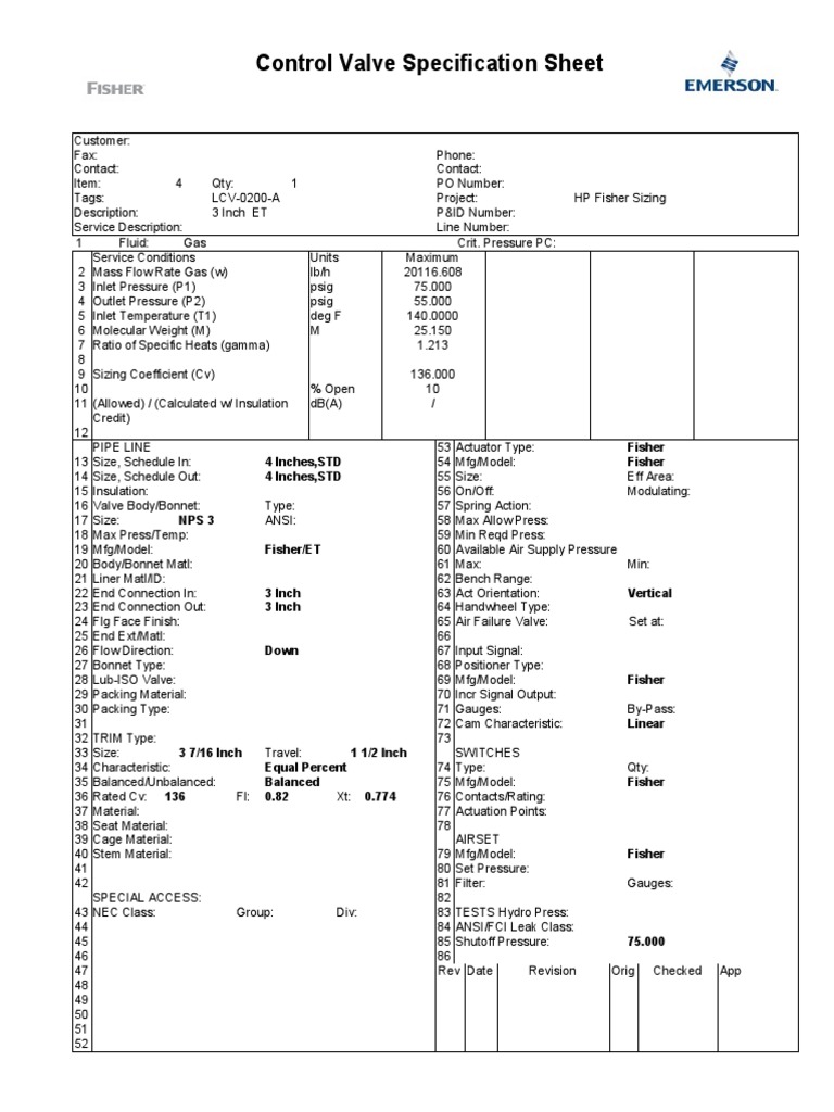 Control Valve Specification Sheet: Fisher 4 Inches, STD Fisher 4 Inches, STD | PDF | Valve ...