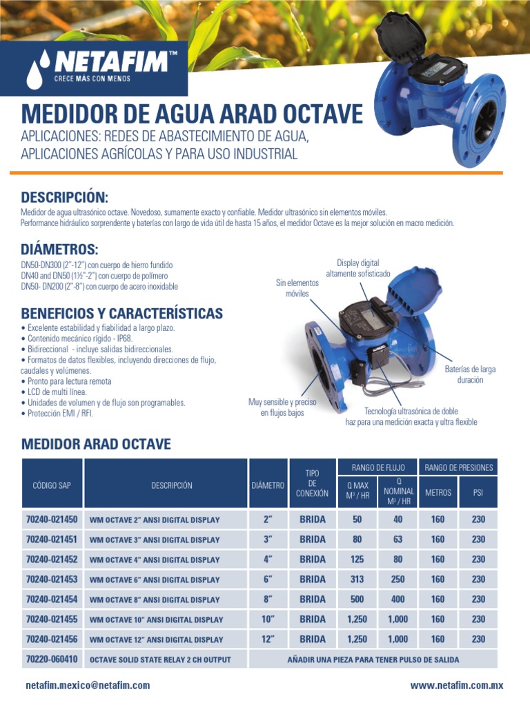 Ficha Técnica Macromedidor Ultrasónico ARAD - OCTAVE | PDF | Materiales