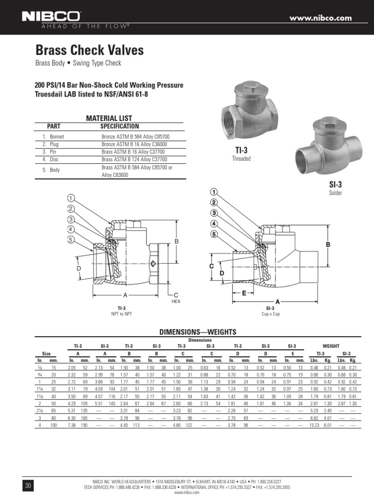 Ficha Técnica de Válvula Anti-Retorno NIBCO | PDF | Plumbing | Materials