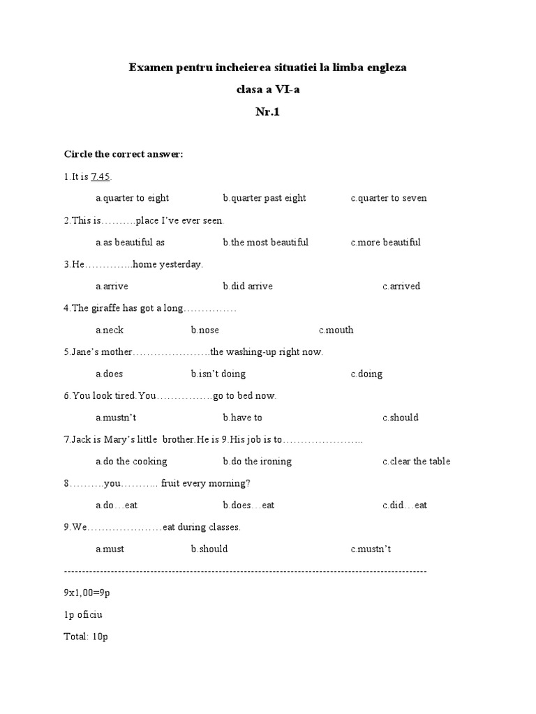 Examen Pentru Incheierea Situatiei La Limba Engleza Clasa A VI-a Nr.1 | PDF