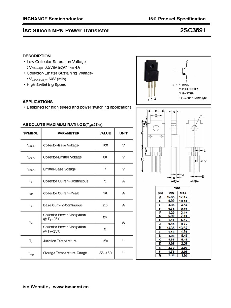 2SC3691 NPN Power Transistor Specs | PDF | Bipolar Junction Transistor ...