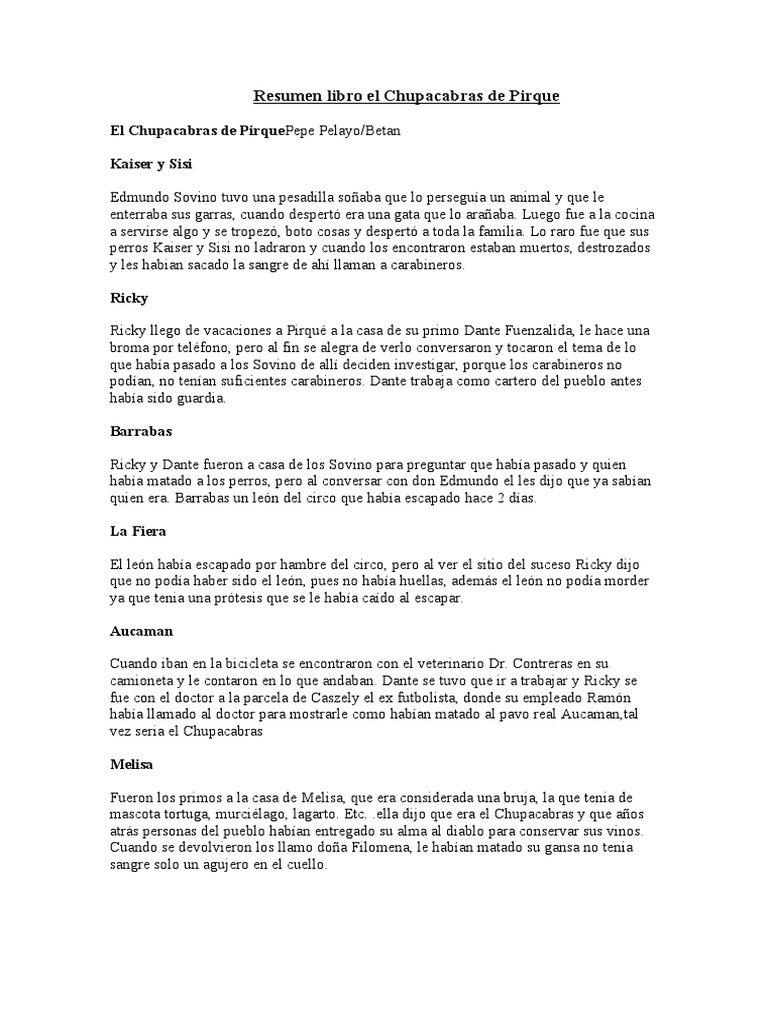 Resumen y Guía Libro El Chupacabras de Pirque | PDF