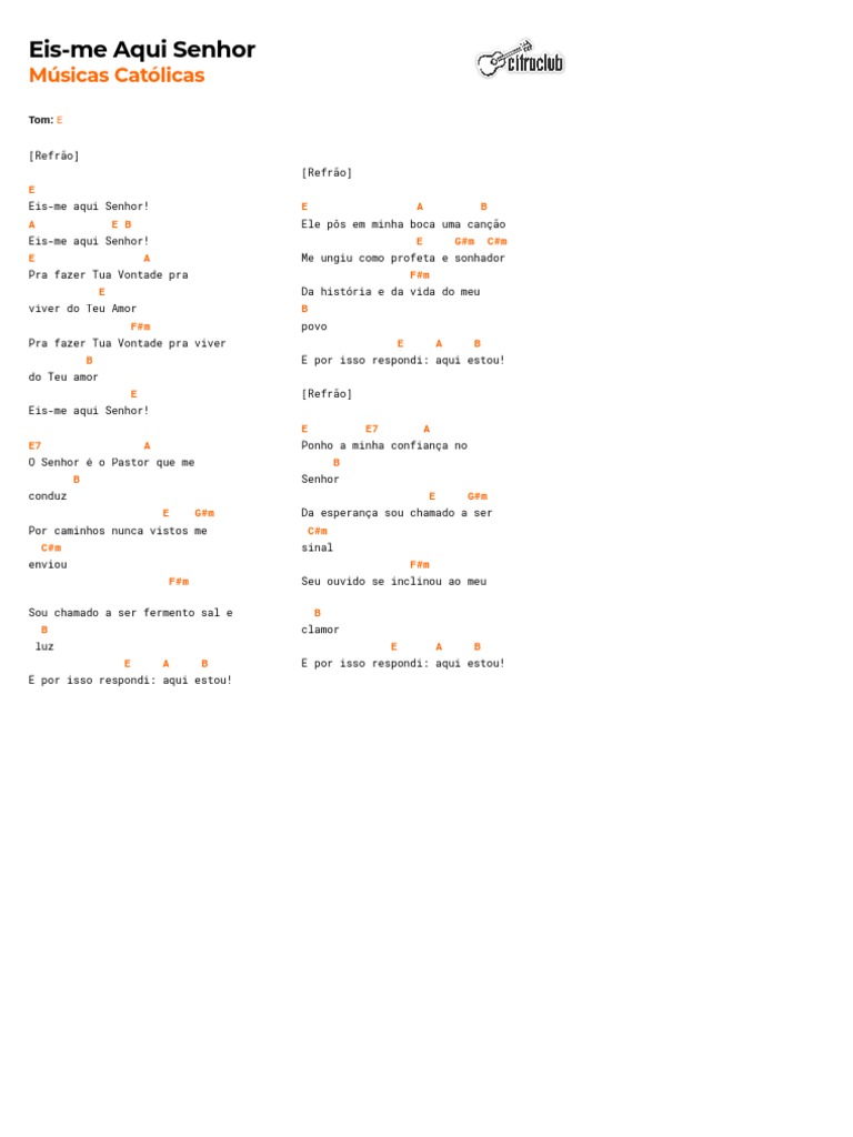 Cifra Club Músicas Católicas Eis Me Aqui Senhor Pdf