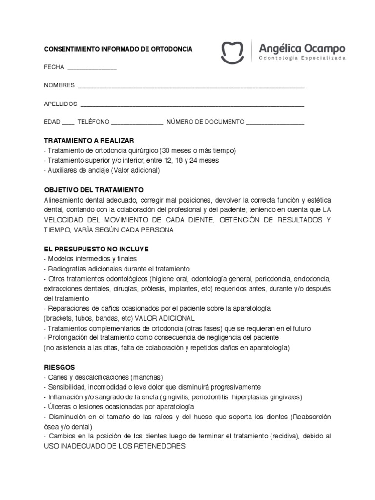 Consentimiento Informado Ortodoncia PDF | PDF | Ortodoncia | Odontología