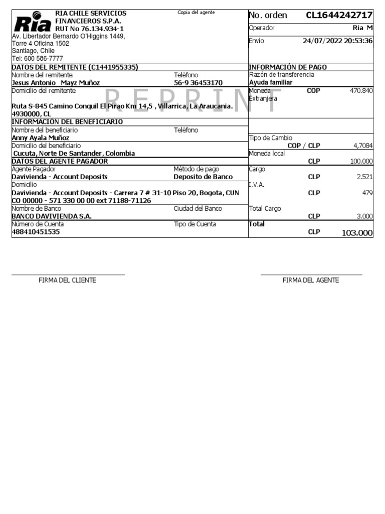 Transferencia de Dinero Ria Chile | PDF | Bancos | Dinero
