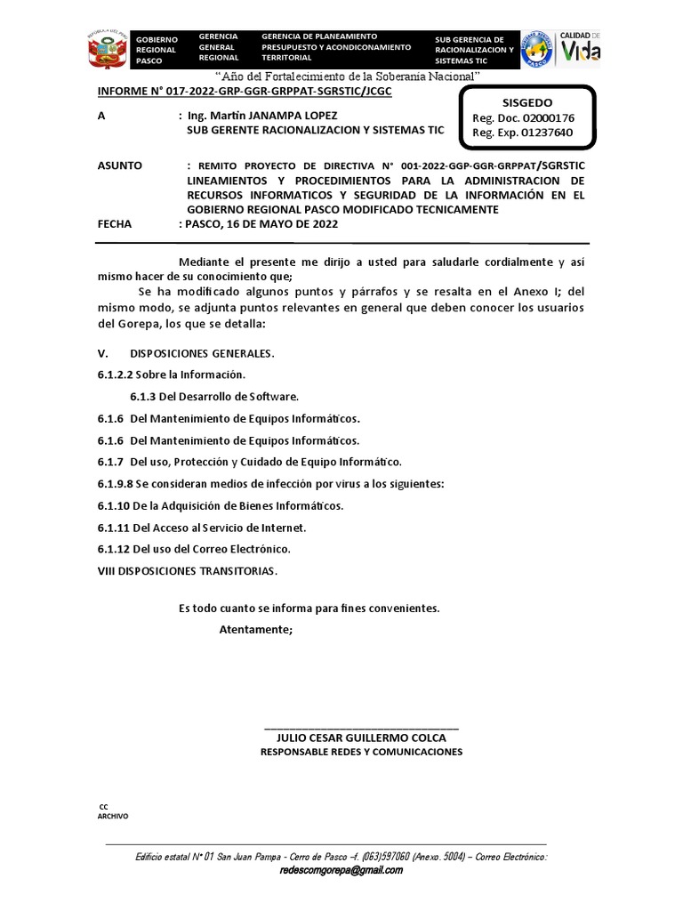Informe N 017 Directiva | PDF | Internet | Usuario (informática)