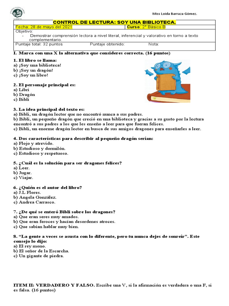 Control de Lectura Soy Una Biblioteca | PDF