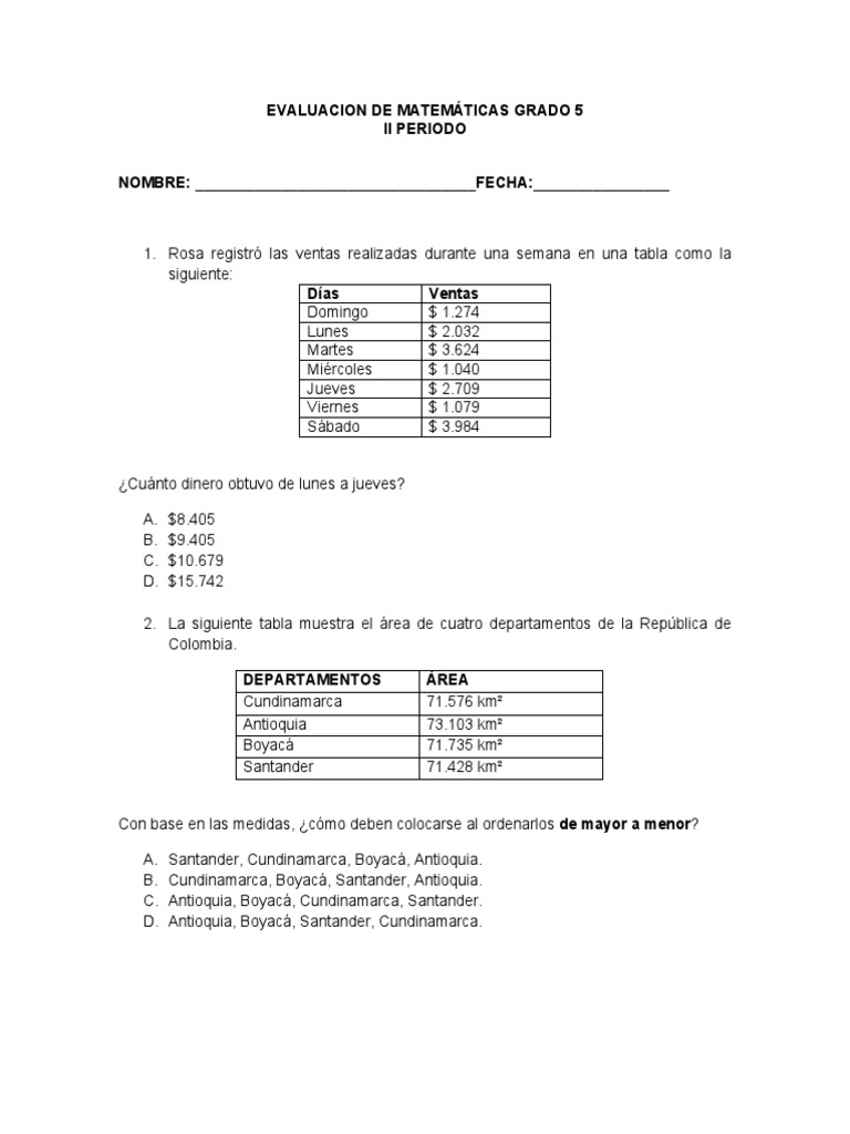 Evaluación de Matemáticas Grado 5 II Periodo | PDF