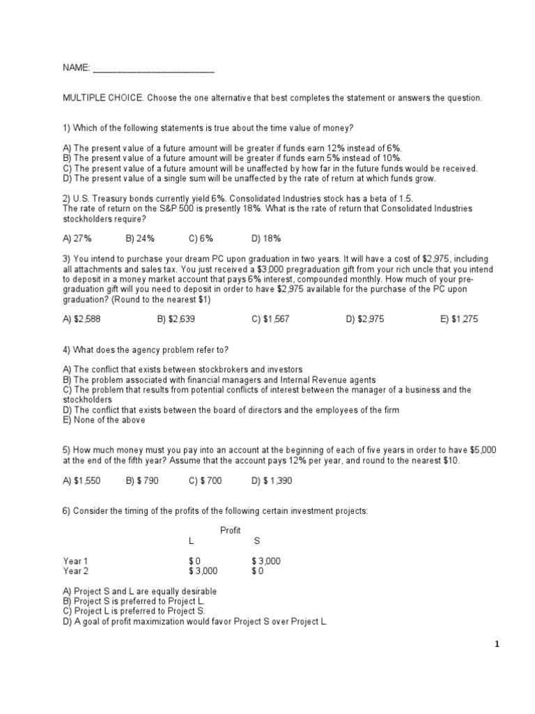 Time Value of Money and Financial Calculations Multiple Choice Quiz ...