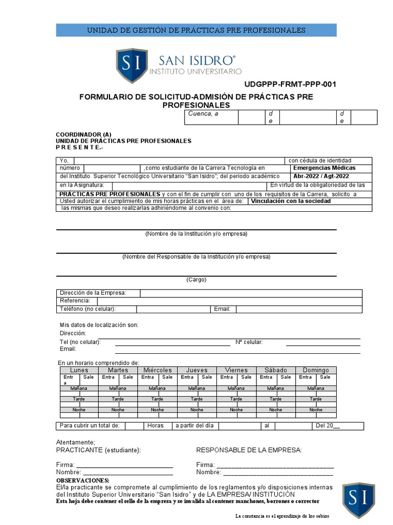 (Udgppp-Frmt-Ppp-001) Formato-Solicitud-Practicas-Admision (Em) | PDF