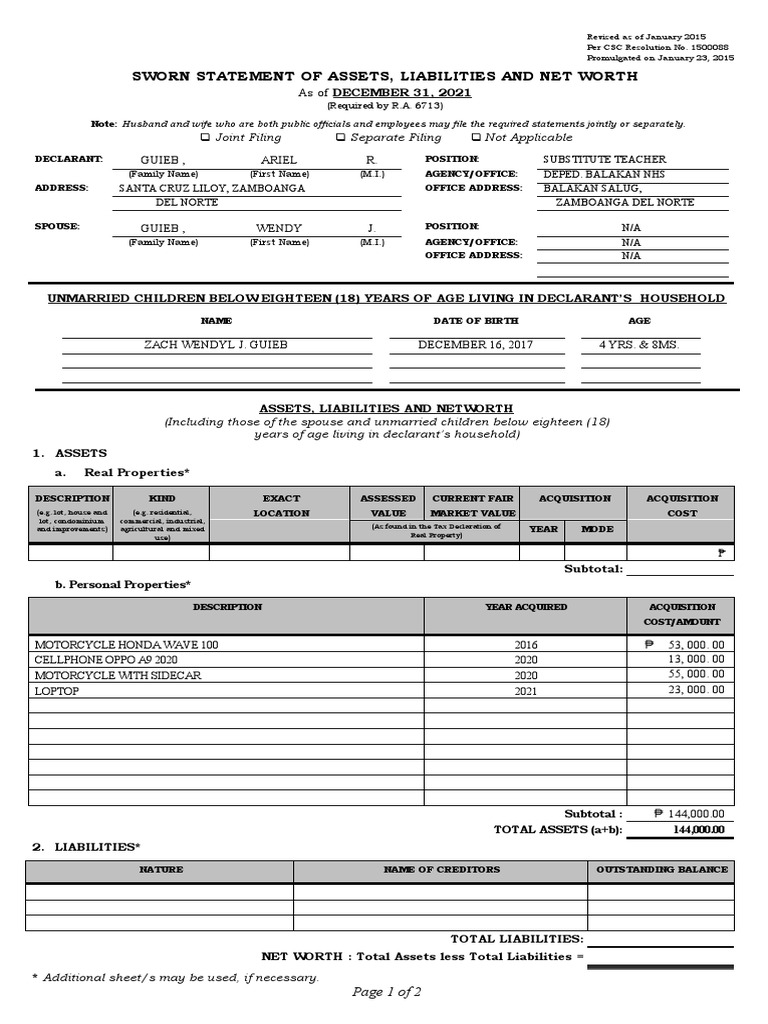 Sworn Statement of Assets, Liabilities and Net Worth | PDF | Economies