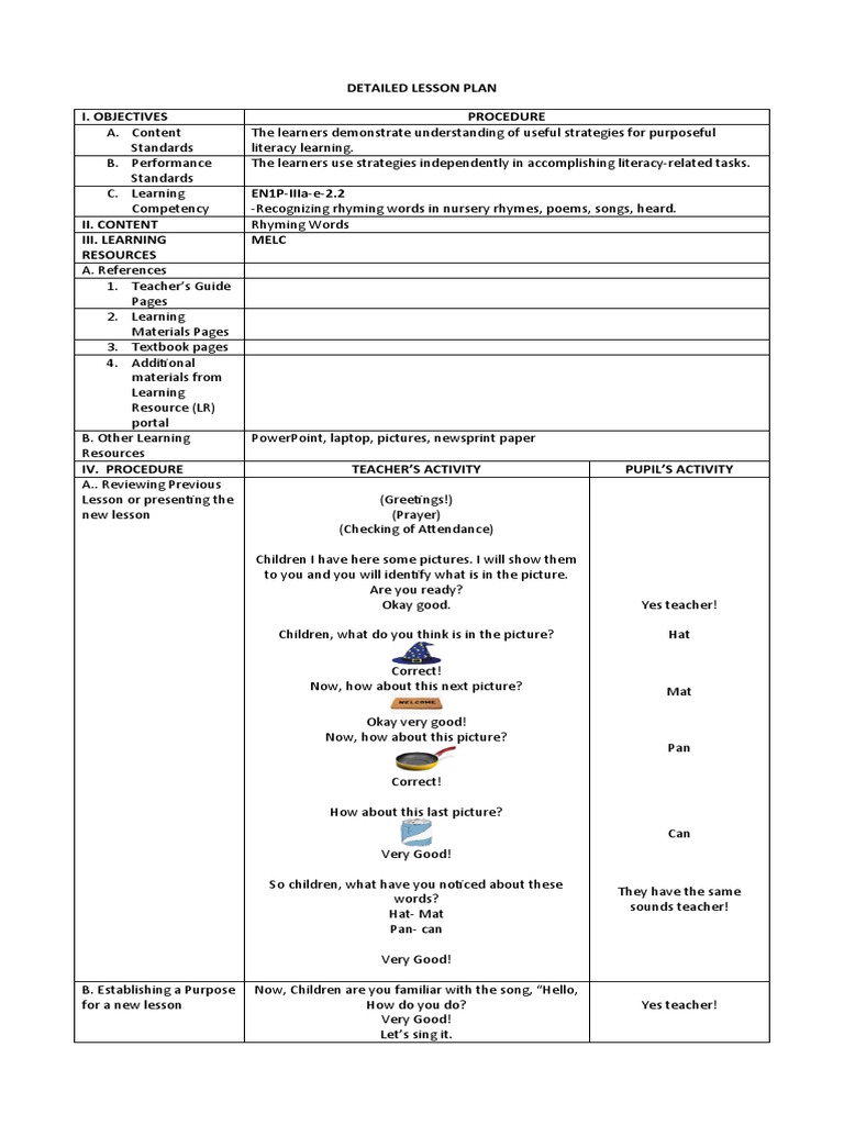 Detailed Lesson Plan I. Objectives Procedure | PDF | Poetry | Rhyme