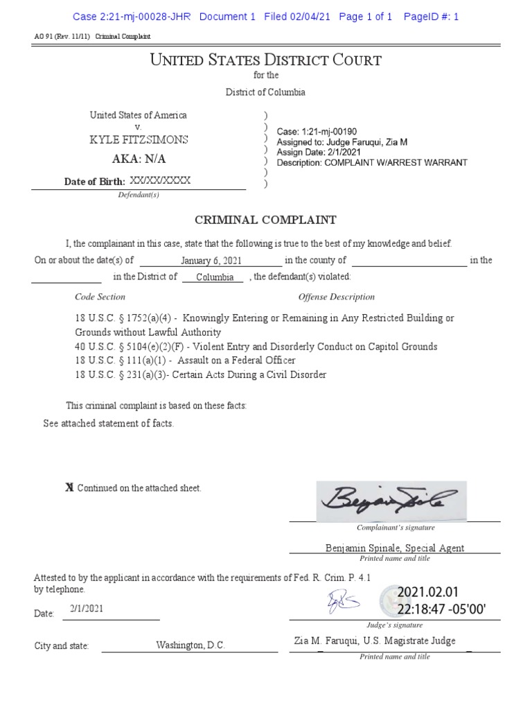 Kyle Fitzsimons Criminal Complaint | PDF | Complaint | United States Senate