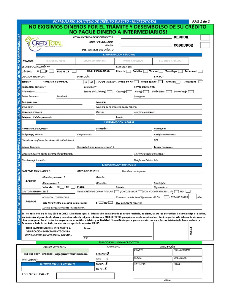 Formulario Solicitud de Credito Directo 2022 | PDF