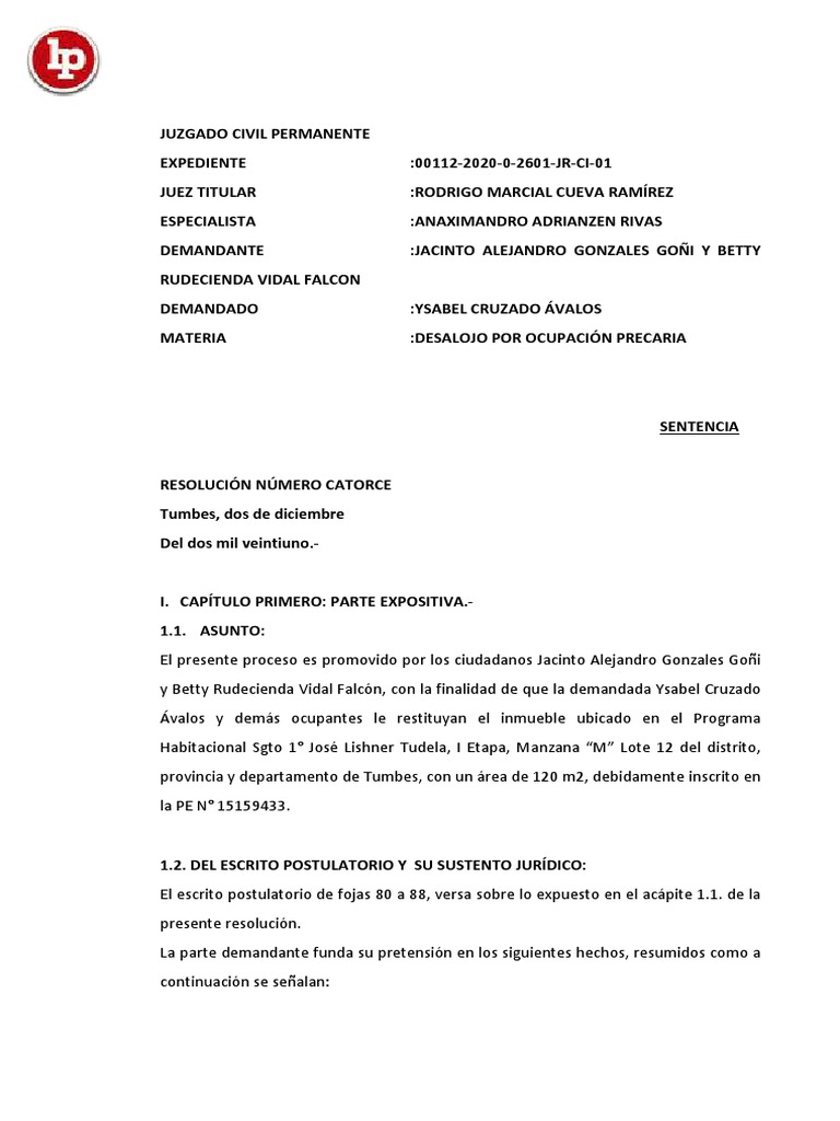 Expediente 00112 2020 0 2601 JR CI 01 LPDerecho | PDF | Demanda ...
