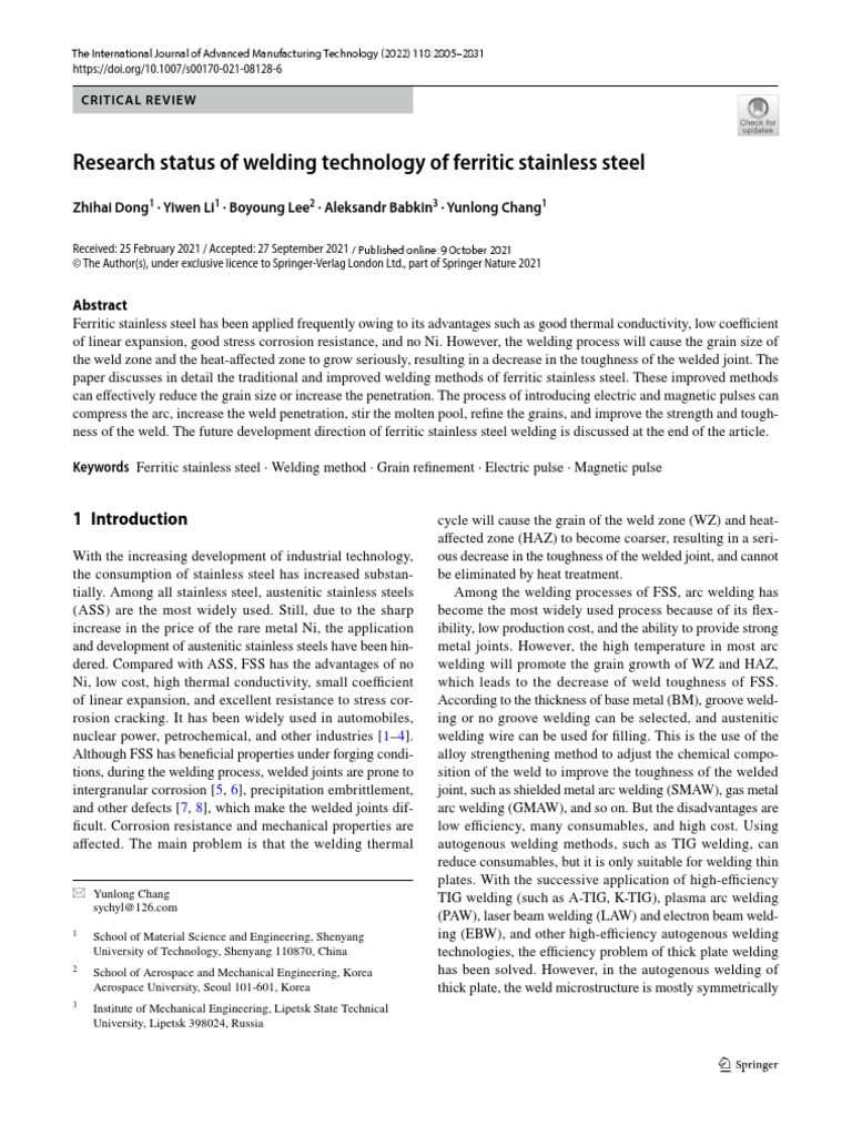 Research Status of Welding Technology of Ferritic Stainless Steel | PDF ...