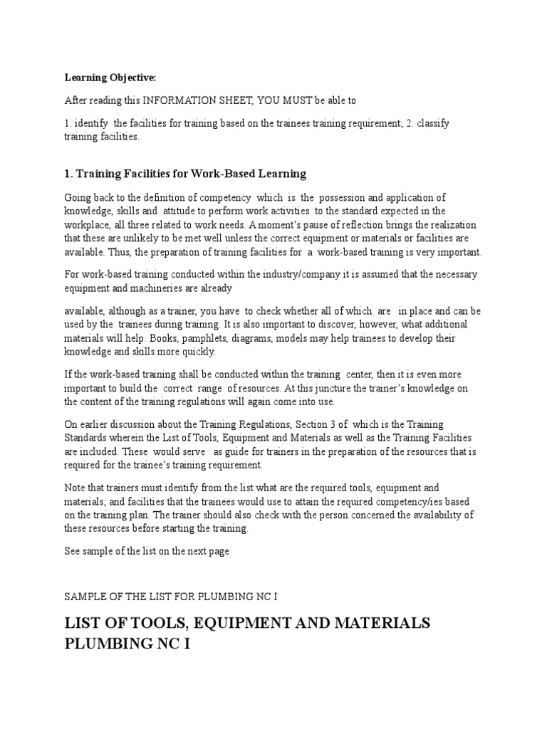Training Facilities For Work-Based Learning | PDF | Vocational Education | Learning