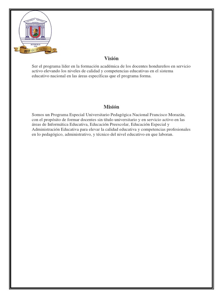 Misión y Visión de La UPNFM | PDF